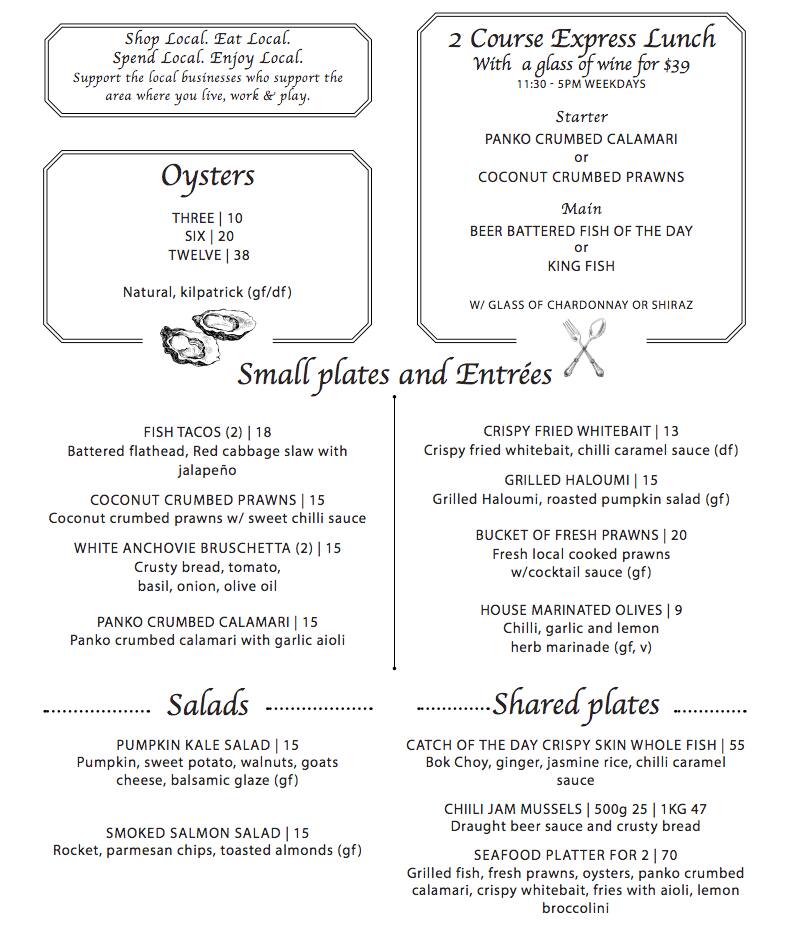 Menu at River Quay Fish restaurant, Brisbane City