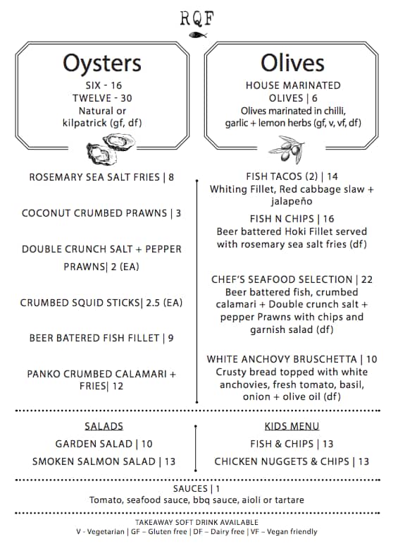 Menu at River Quay Fish restaurant, Brisbane City