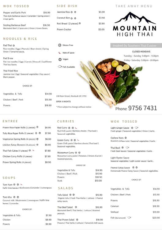 Menu at Mountain High Thai restaurant, Monbulk