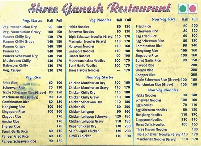 Menu of Shree Ganesh Snacks And Chinese, Airoli, Navi Mumbai