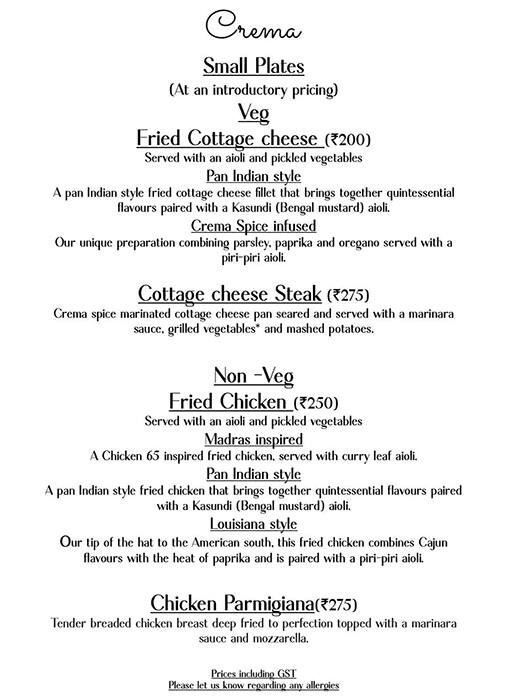 Menu at Crema, Chennai