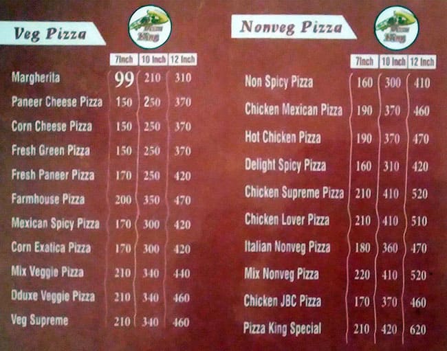Menu of Pizza King, Virar, Mumbai