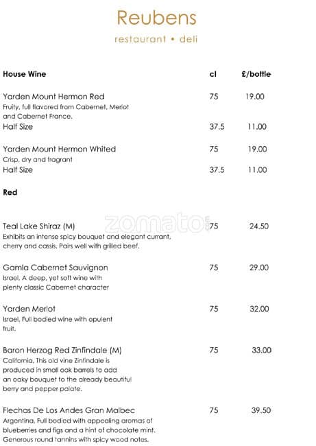 Menu at Reubens Restaurant, London