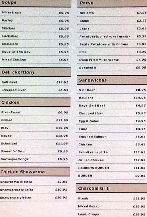 Menu at Reubens Restaurant, London