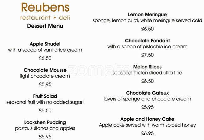 Menu at Reubens Restaurant, London