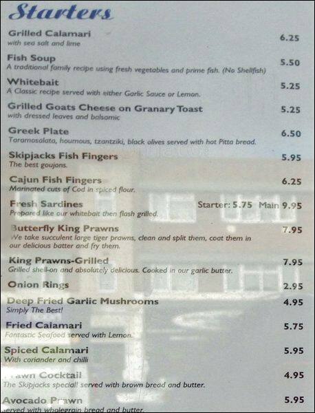 Menu at Skipjacks restaurant, Harrow