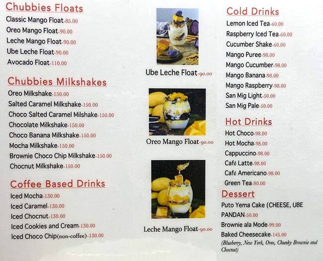 Menu at Chubbies Qcina Cafe, Marikina, 57 Lilac St