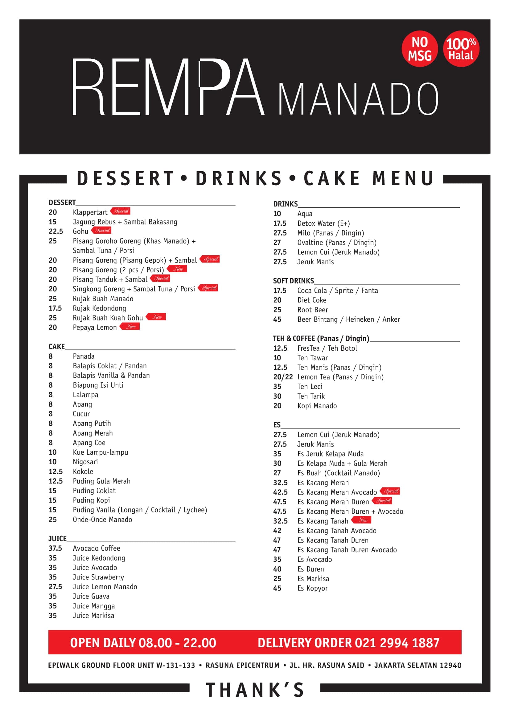 Menu at Rempa Manado - Epiwalk restaurant, South Jakarta