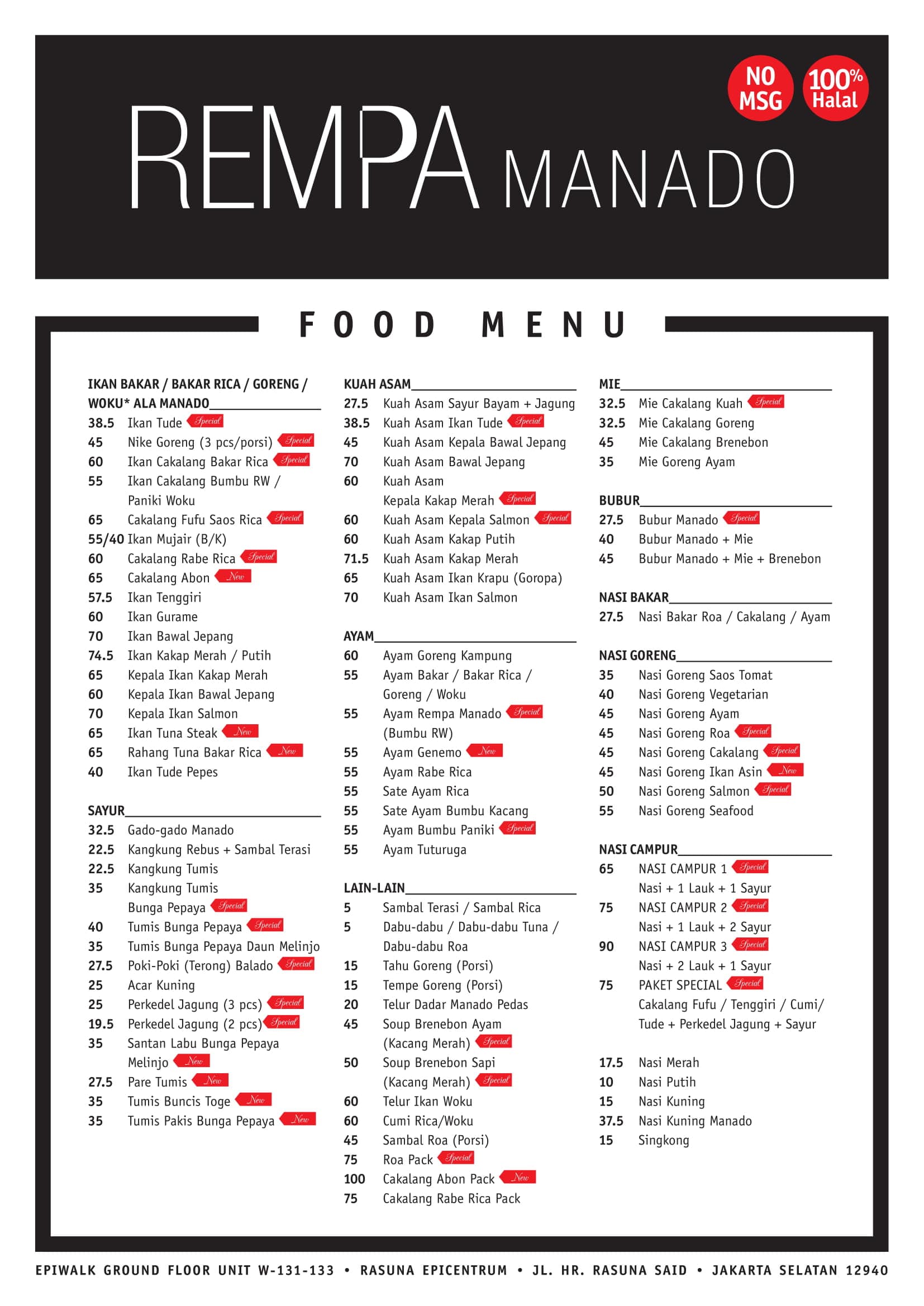 Menu at Rempa Manado - Epiwalk restaurant, South Jakarta