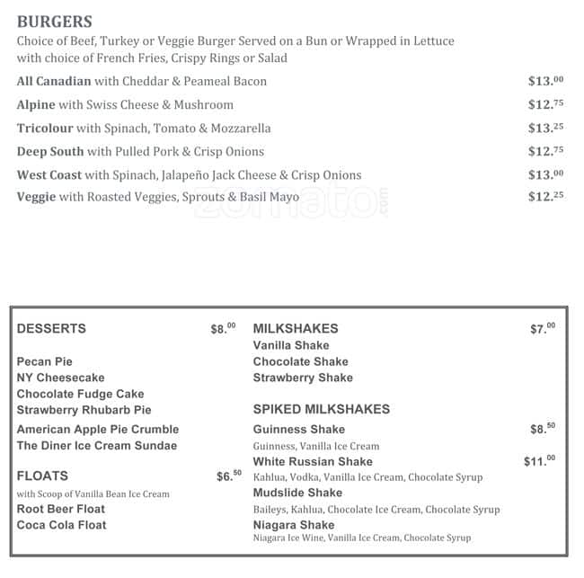 Menu at Lobby Bar, Toronto