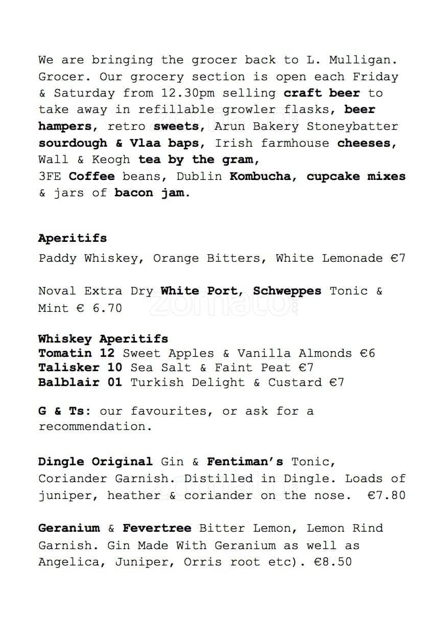 Menu at L. Mulligan Grocer pub & bar, Dublin