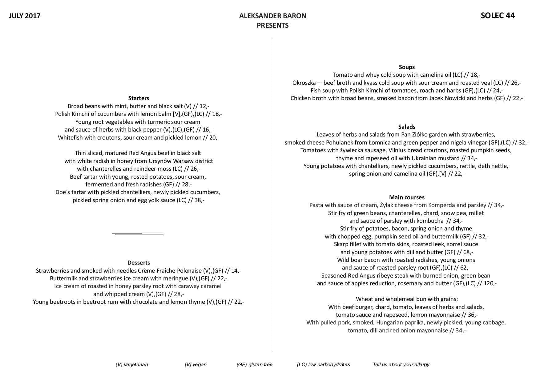 Menu at Solec 44 restaurant, Warsaw