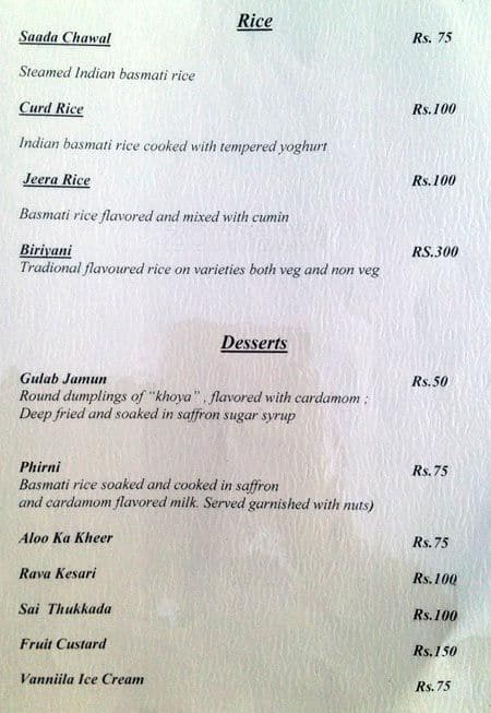 Menu at Sky Lounge, Calangute