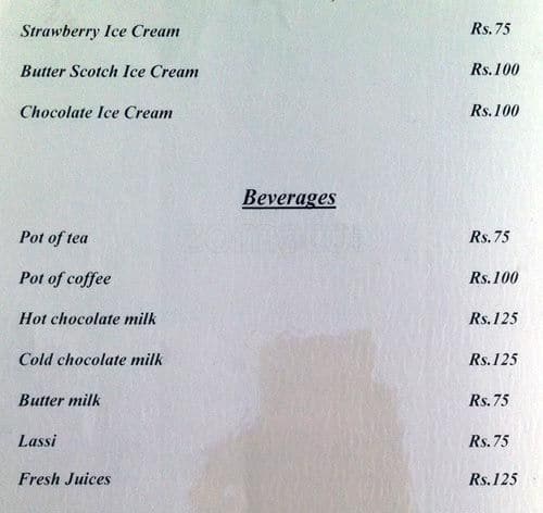 Menu at Sky Lounge, Calangute