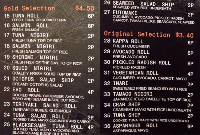 Menu at Katana Sushi Train restaurant, North Adelaide