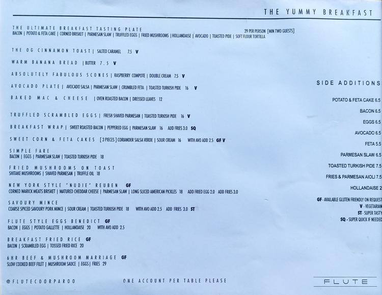 Menu at Flute Cafe, Greenslopes, Shop 4/380 Cavendish Rd