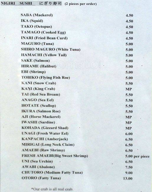 Menu at Sushi Kei restaurant, Millbrae