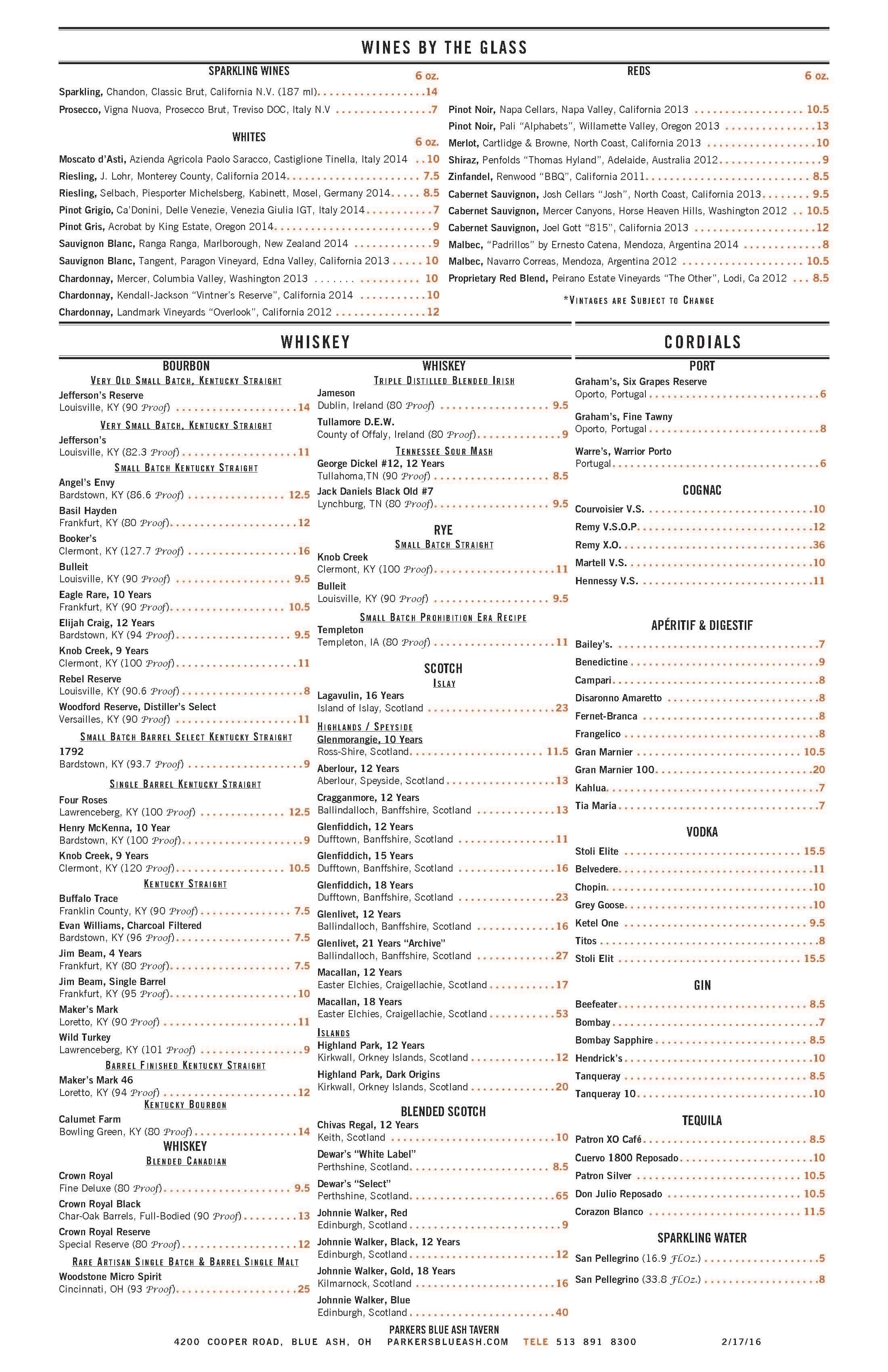 Menu at Parkers Blue Ash Tavern steakhouse, Blue Ash, Cooper Rd