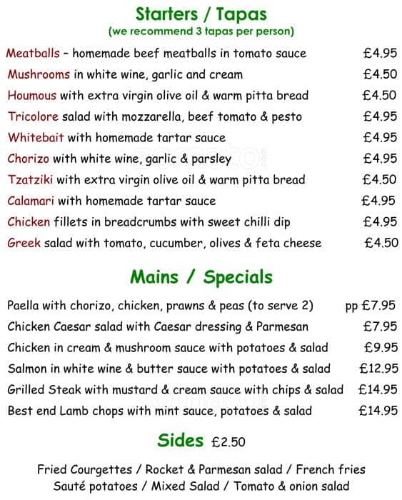 Menu at ORA Lounge pub & bar, London, 69 Stonecot Hill