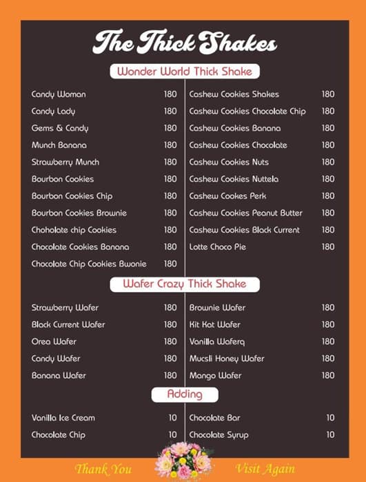 Menu of Thickshakes factory, Saroor Nagar, Hyderabad