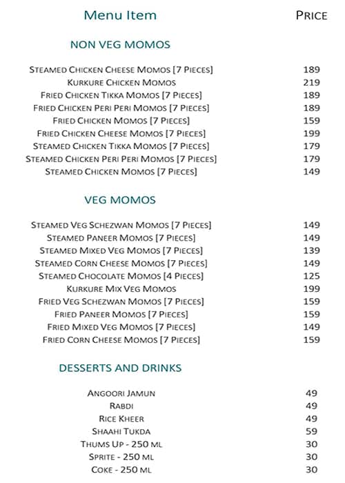 Menu of Momo Monk, Virugambakkam, Chennai