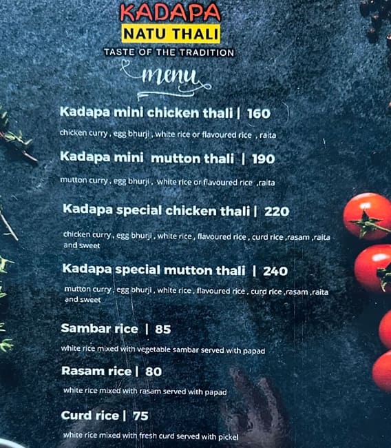 Menu of Kadapa Natu Thali, Madhapur, Hyderabad