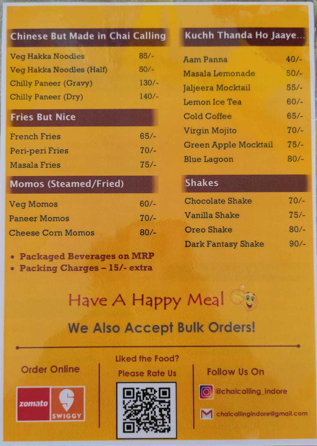 Menu of Chai Calling, Rajendra Nagar, Indore