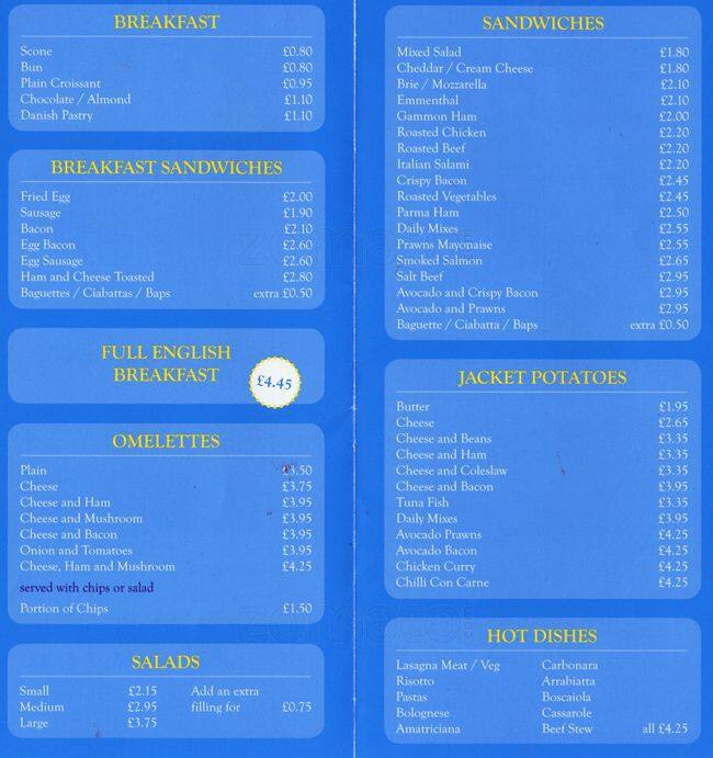Menu at Sunset cafe, London, Boundary House