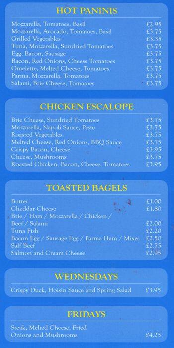 Menu at Sunset cafe, London, Boundary House