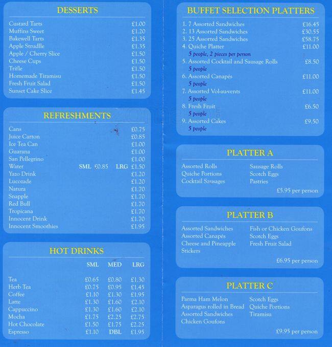 Menu at Sunset cafe, London, Boundary House