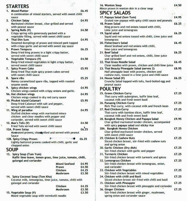 Menu at Max's Thai Cooking restaurant, Wallington