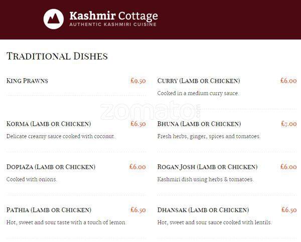 Menu at Kashmir Cottage restaurant, Smethwick