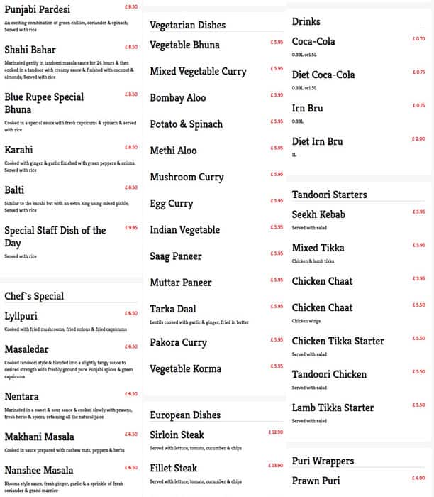 Menu at Bistecca restaurant, Rutherglen