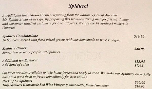 Menu at Tony Spiducci's Ristorante BBQ, Milton