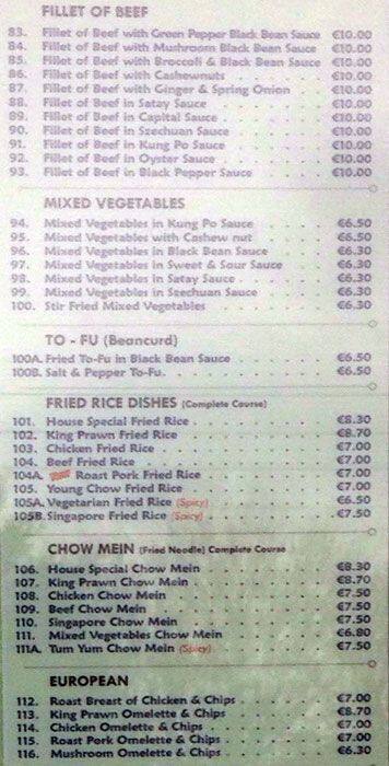 Menu at Lok Moon restaurant, Dublin