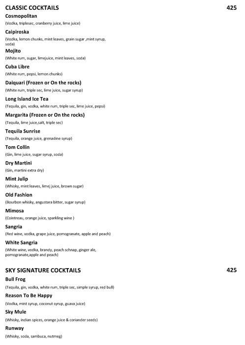 Menu at The Sky Lounge - Hotel Avasa, Hyderabad