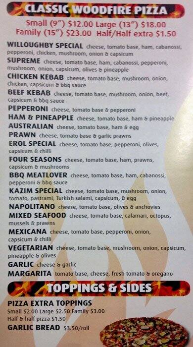 Menu at Woodfired Pizza & Kebab pizzeria, North Willoughby