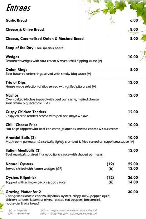 Menu at Blacksmiths Inn restaurant, One Tree Hill
