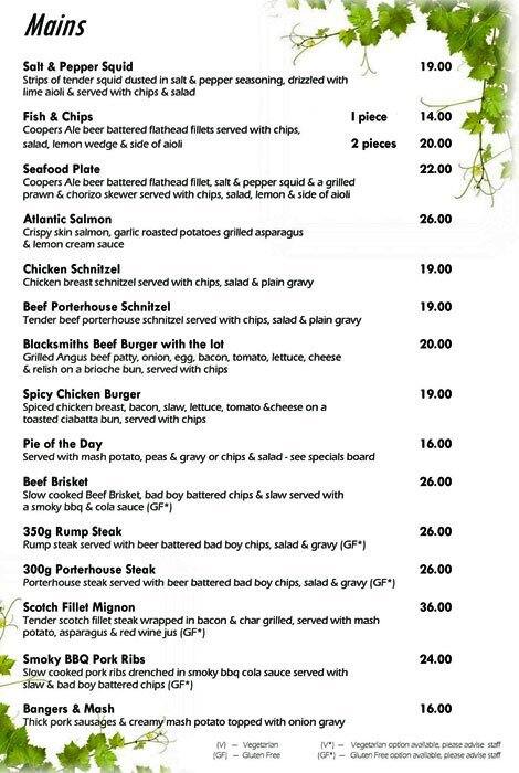 Menu at Blacksmiths Inn restaurant, One Tree Hill