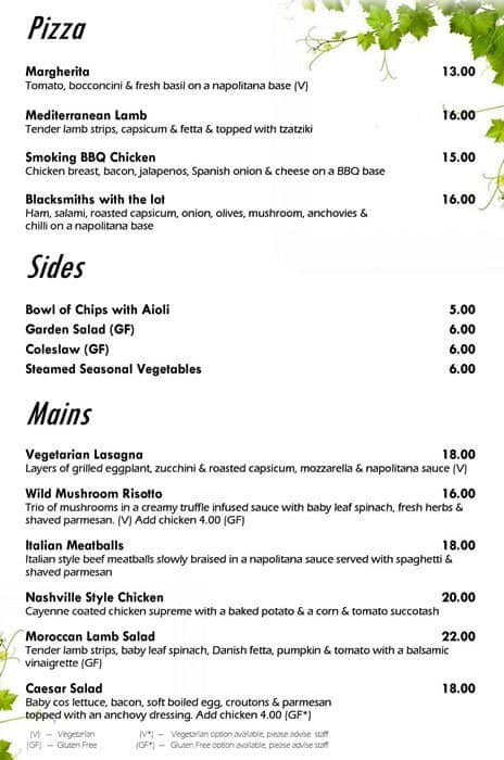 Menu at Blacksmiths Inn restaurant, One Tree Hill