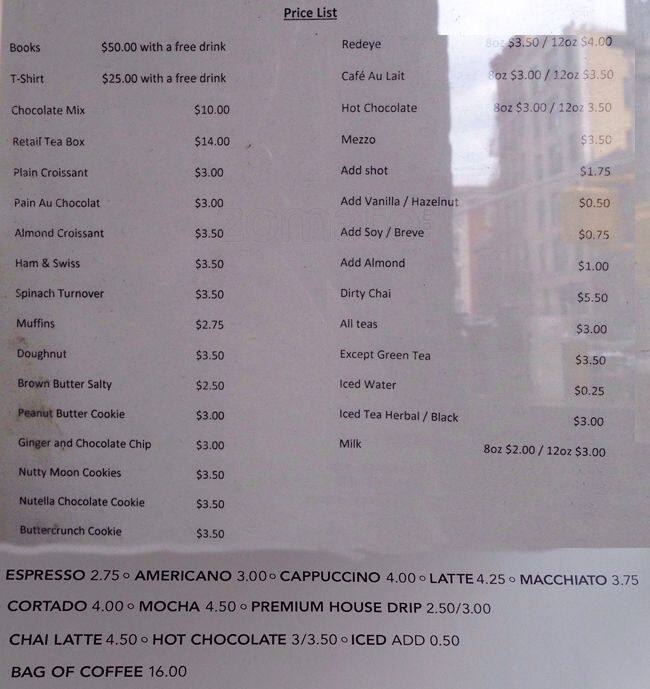 Menu at Gasoline Alley Coffee cafe, New York City, 325 Lafayette St