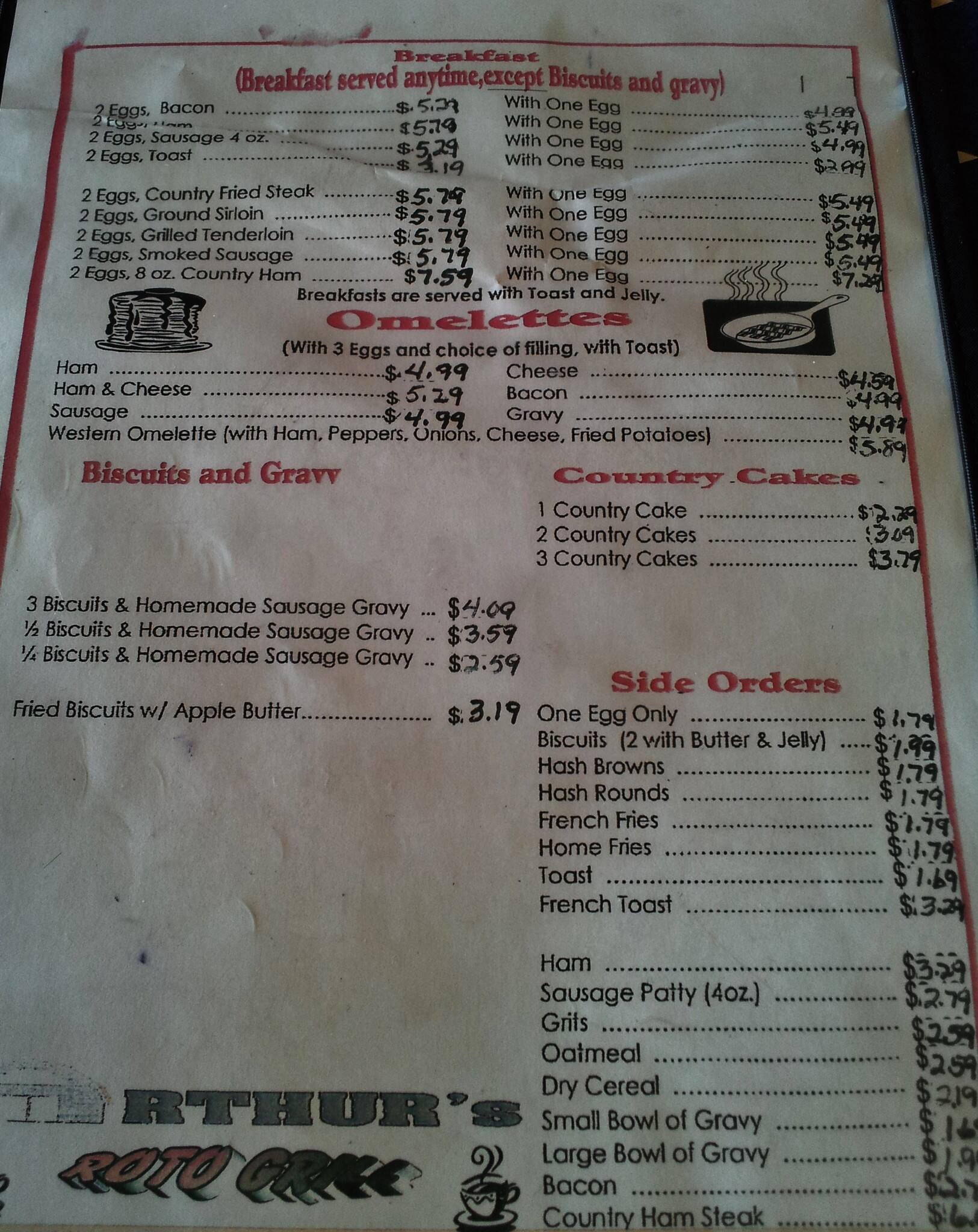 Menu at Arthur's Roto Grill restaurant, Franklin
