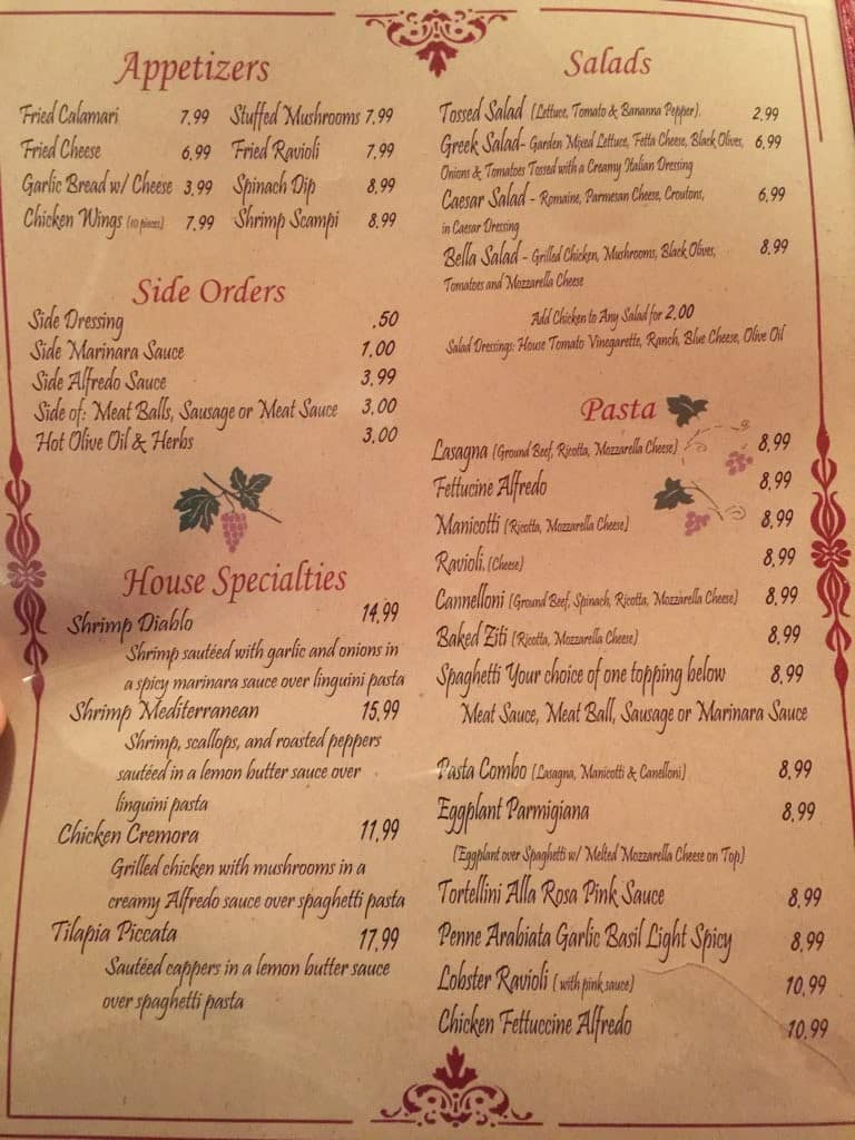 Menu at Bella’s cafe, Snyder