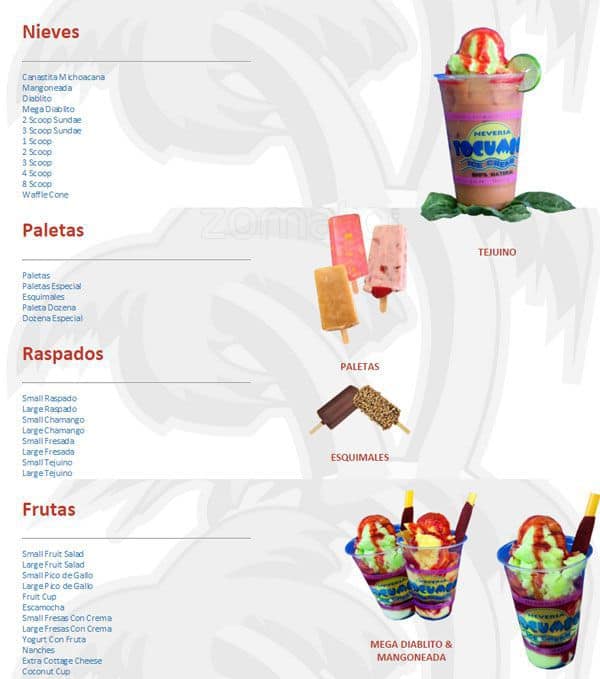 Carta del restaurante Tocumbo Ice Cream, San Diego, Market St