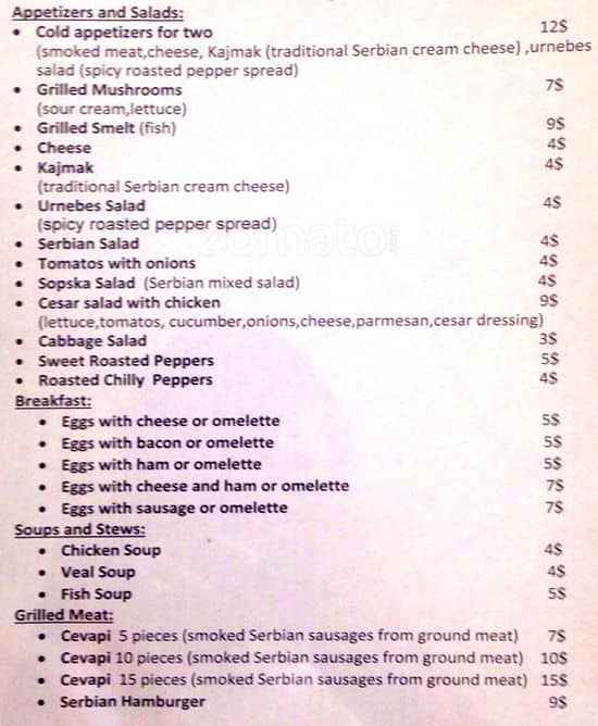 Menu at Dunav Restaurant, Brookfield