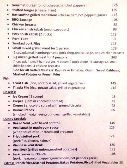 Menu at Dunav Restaurant, Brookfield
