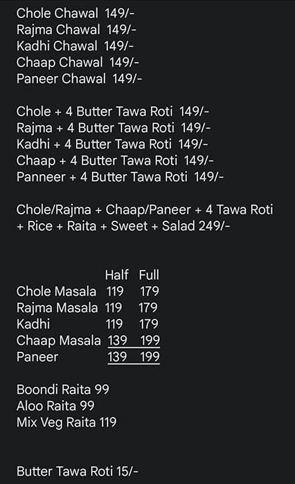 Menu of Chawal's, DLF Phase 3, Gurgaon