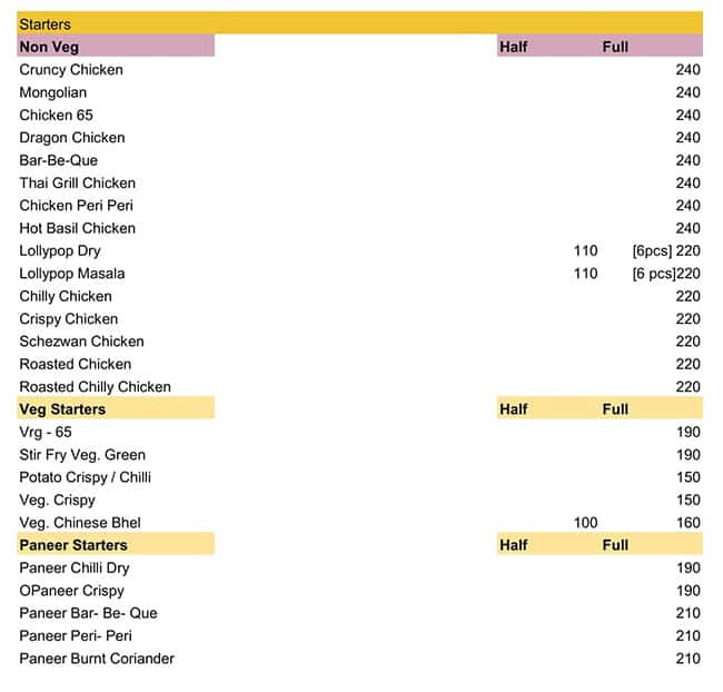 Menu of Alif Chinese, Wadala, Mumbai