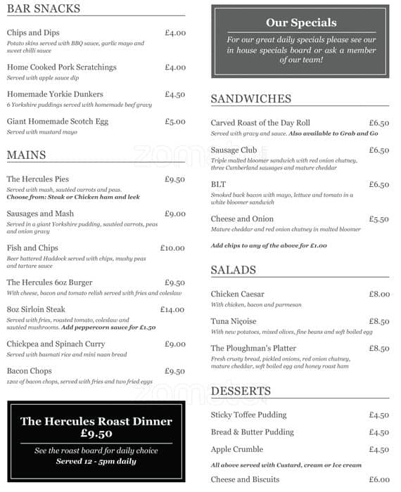 Menu at The Hercules Pillars pub & bar, London