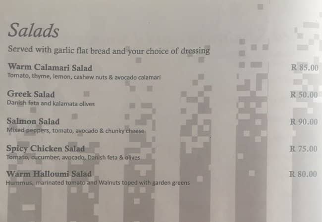 Menu at Poppy's restaurant, Johannesburg